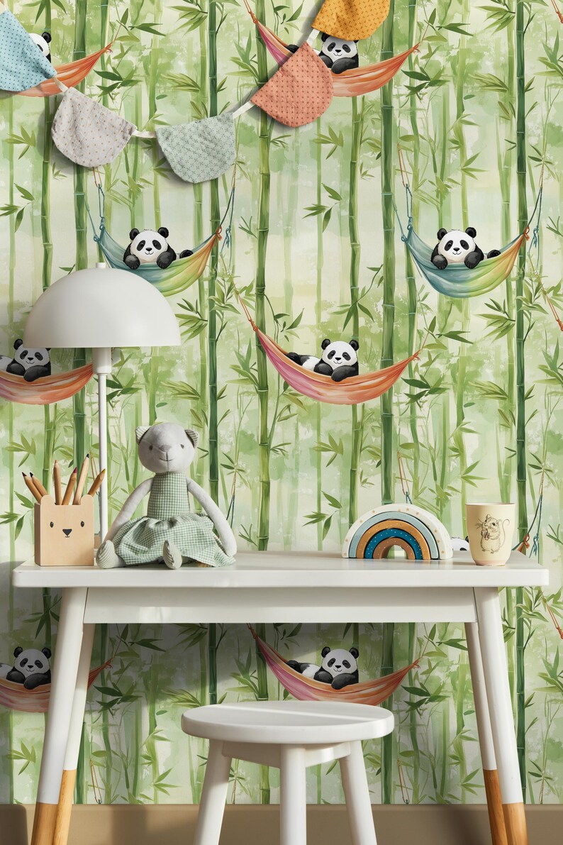 Panda Hammock Bamboo Forest Wallpaper, Nursery Green Jungle Animal Wall ...