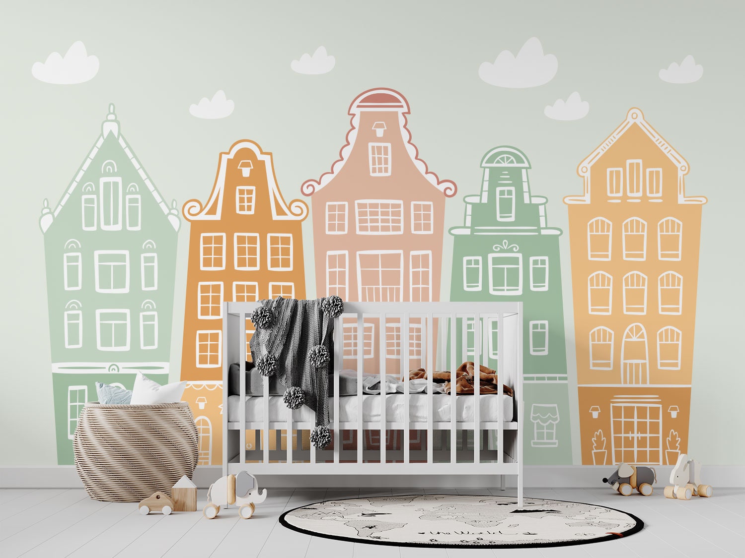 Kids City Wallpaper / Colorful Nursery Town Wallpaper / Kids Colorful ...