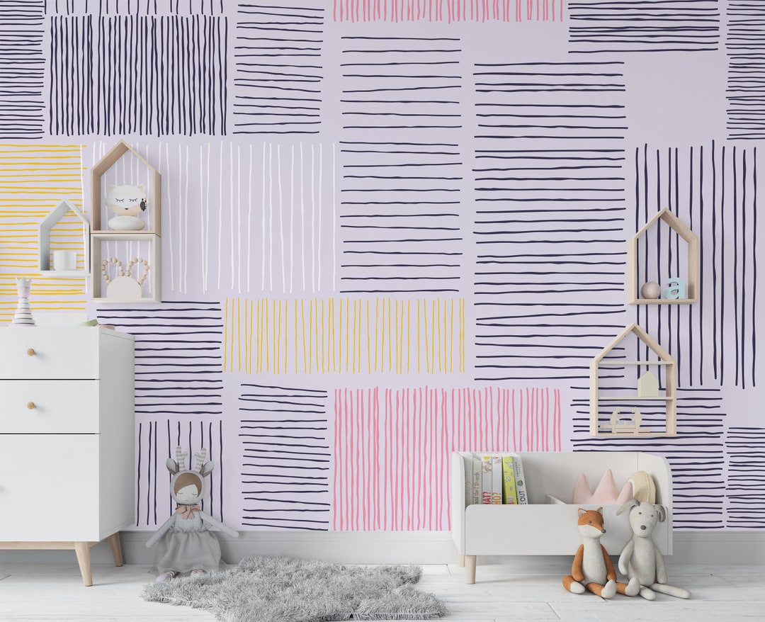 Kids Purple Wallpaper / Yellow Line Wallpaper Wallpaper / Kids - Etsy