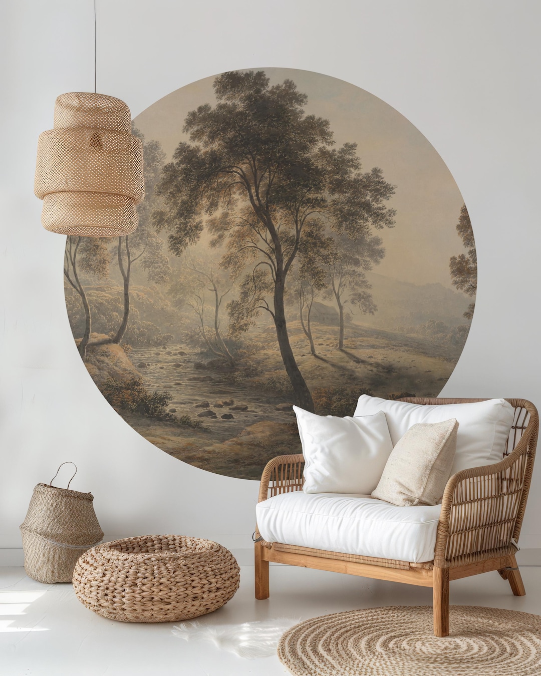 Rustic Sepia Tree Landscape Arch Wall Decal, River Forest Scenic Peel ...