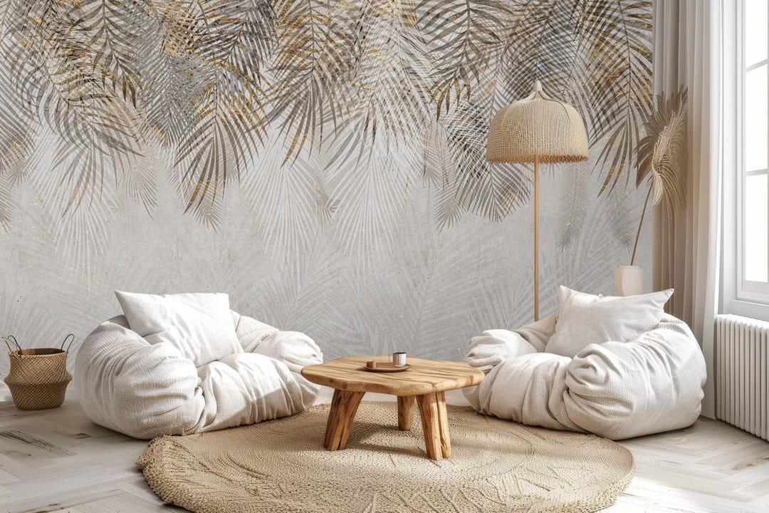 Grey Palm Leaf Wallpaper: Tropical Botanical Mural, Peel and Stick - Etsy