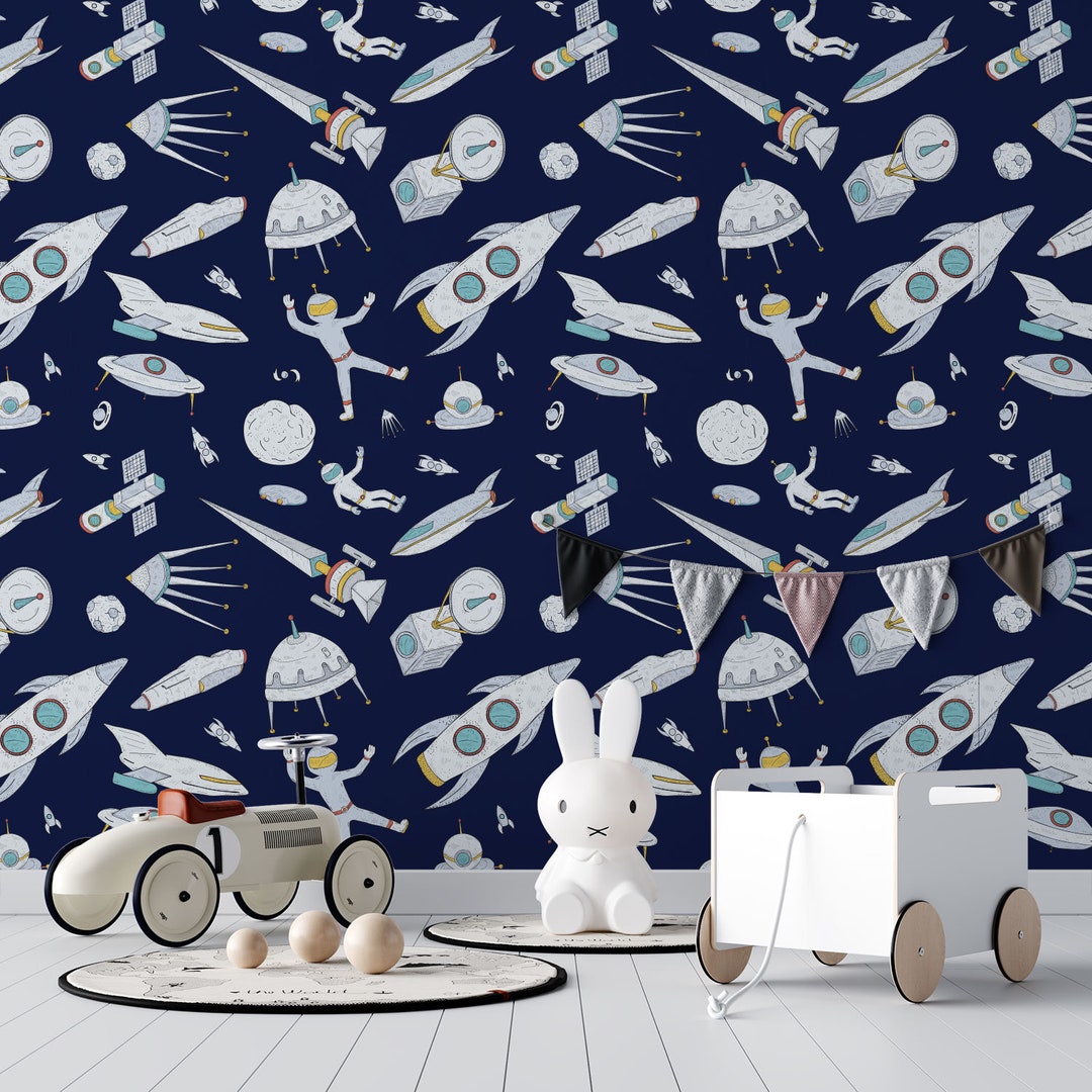 Kids Space Wallpaper / Nursery Space Ship Wallpaper / Kids Dark ...