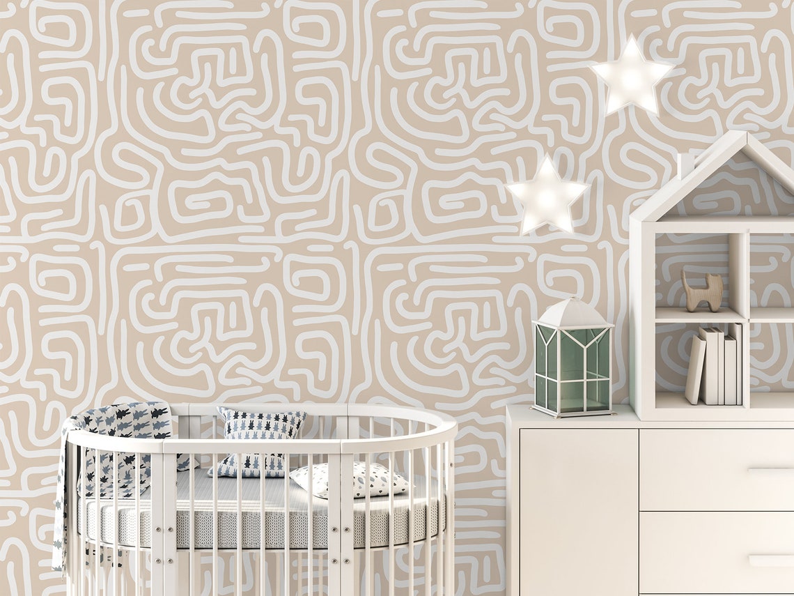 Kids Labyrinth Wallpaper / Labyrinth Line Wallpaper / Beige - Etsy