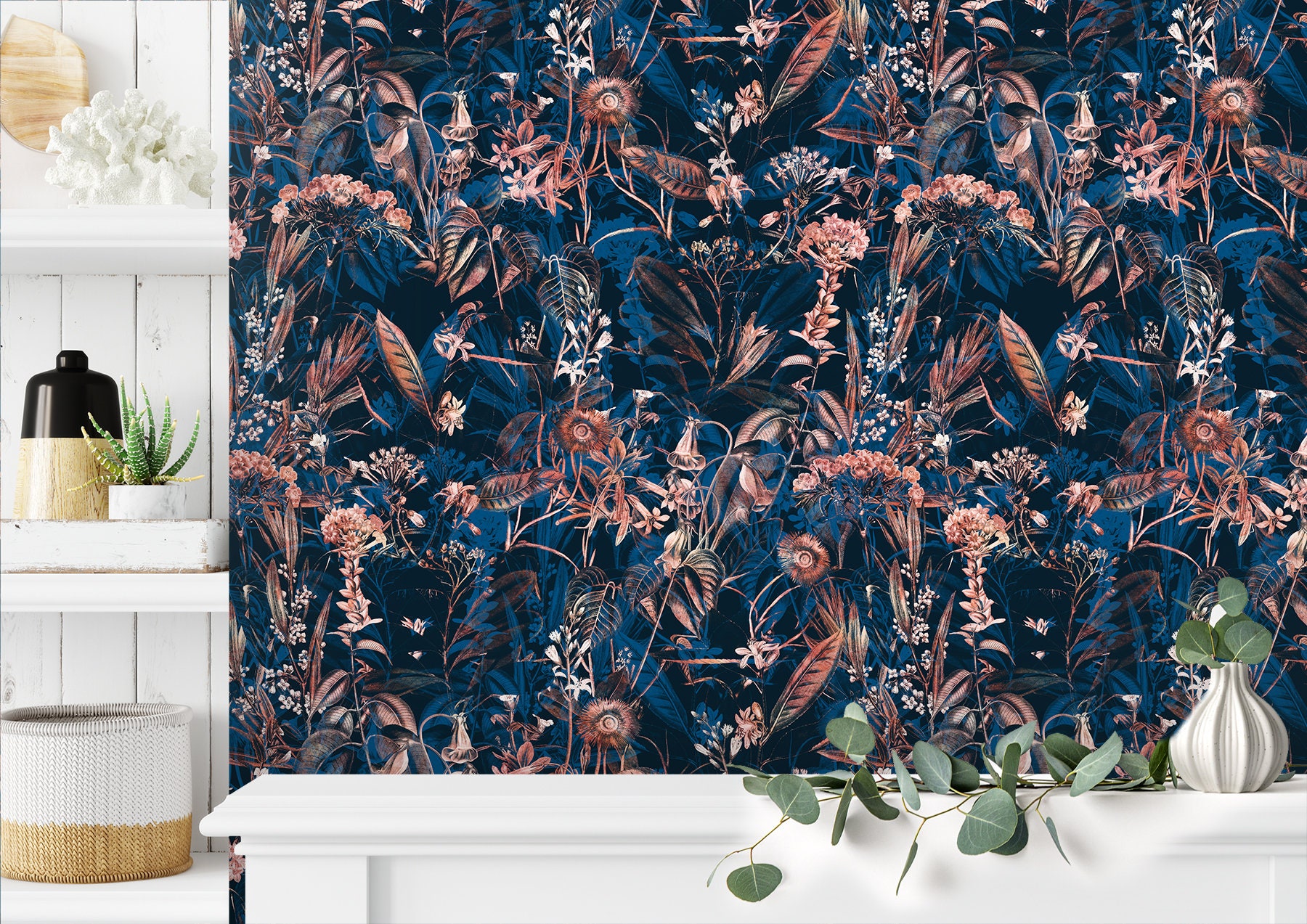 Black Background Removable Wallpaper / Blue Leaves Wallpaper / - Etsy