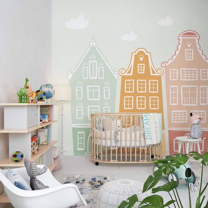 Kids City Wallpaper / Colorful Nursery Town Wallpaper / Kids Colorful ...