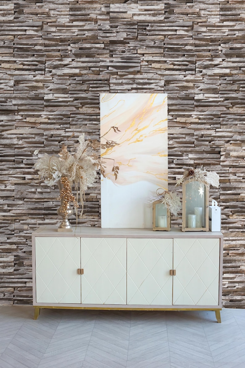 Modern Beige Stone Texture Stacked Wallpaper, Neutral Brick Wall Mural ...