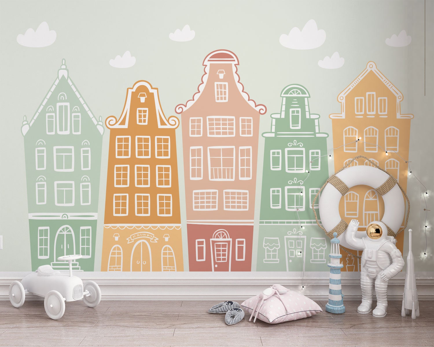 Kids City Wallpaper / Colorful Nursery Town Wallpaper / Kids Colorful ...
