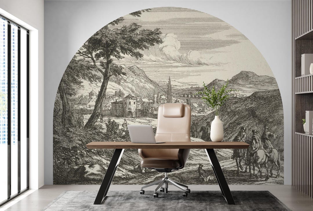 Village Historical Scenic Circle Wall Art, Vintage Landscape Wall Decal ...