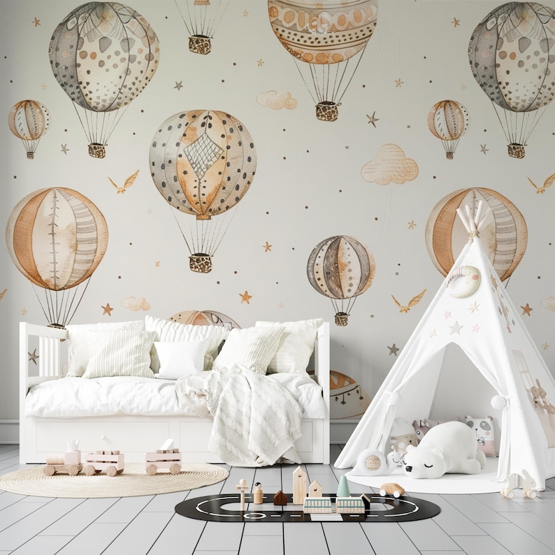 Hot Air Balloon Wallpaper, Neutral Nursery Wallpaper, Removable Kids ...