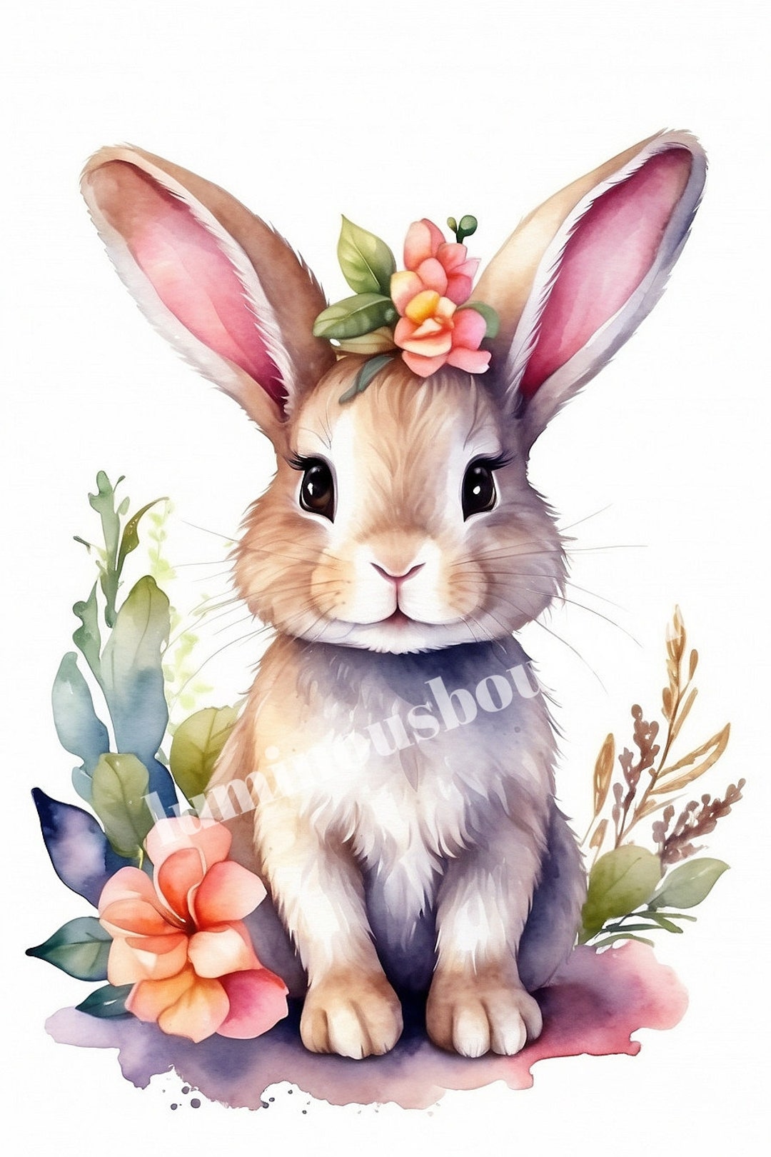 Cute Floral Bunny Clipart, Printable Watercolor Clipart, 8 High Quality ...