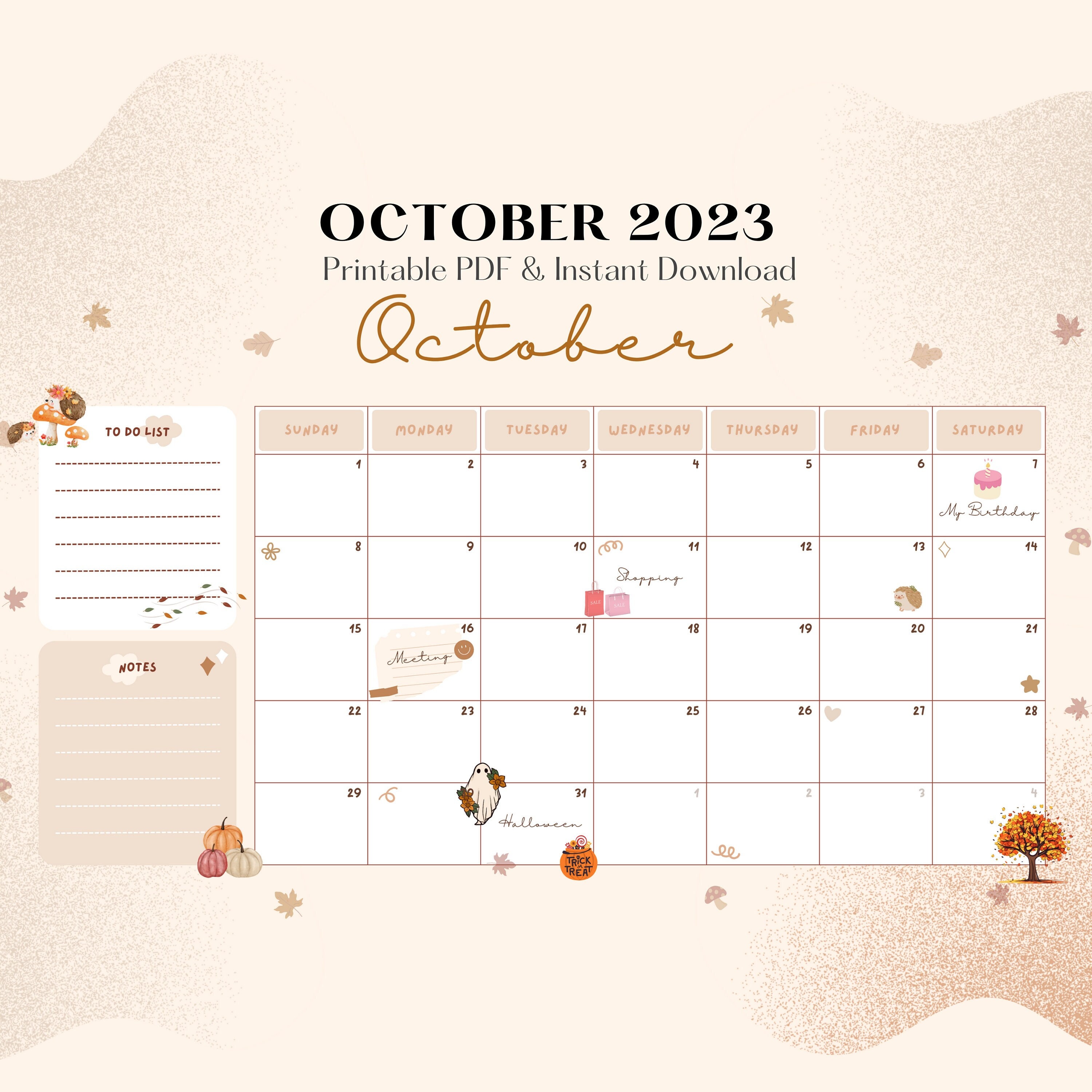Printable October 2023 Calendar, Cute and Simple Calendar, Autumn With ...