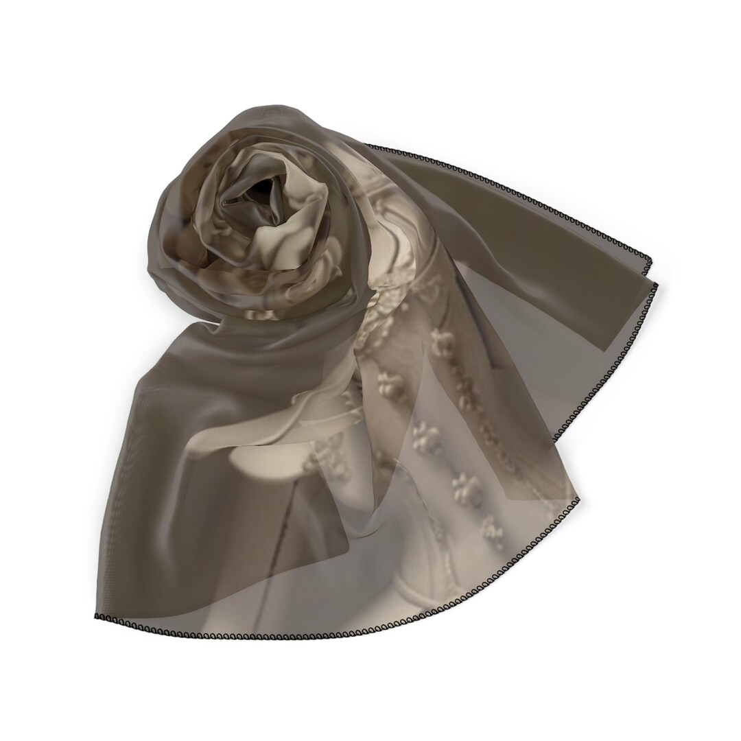 Elowen's Sheer Chiffon Scarf - Ethereal Floral Embellishment in Taupe ...