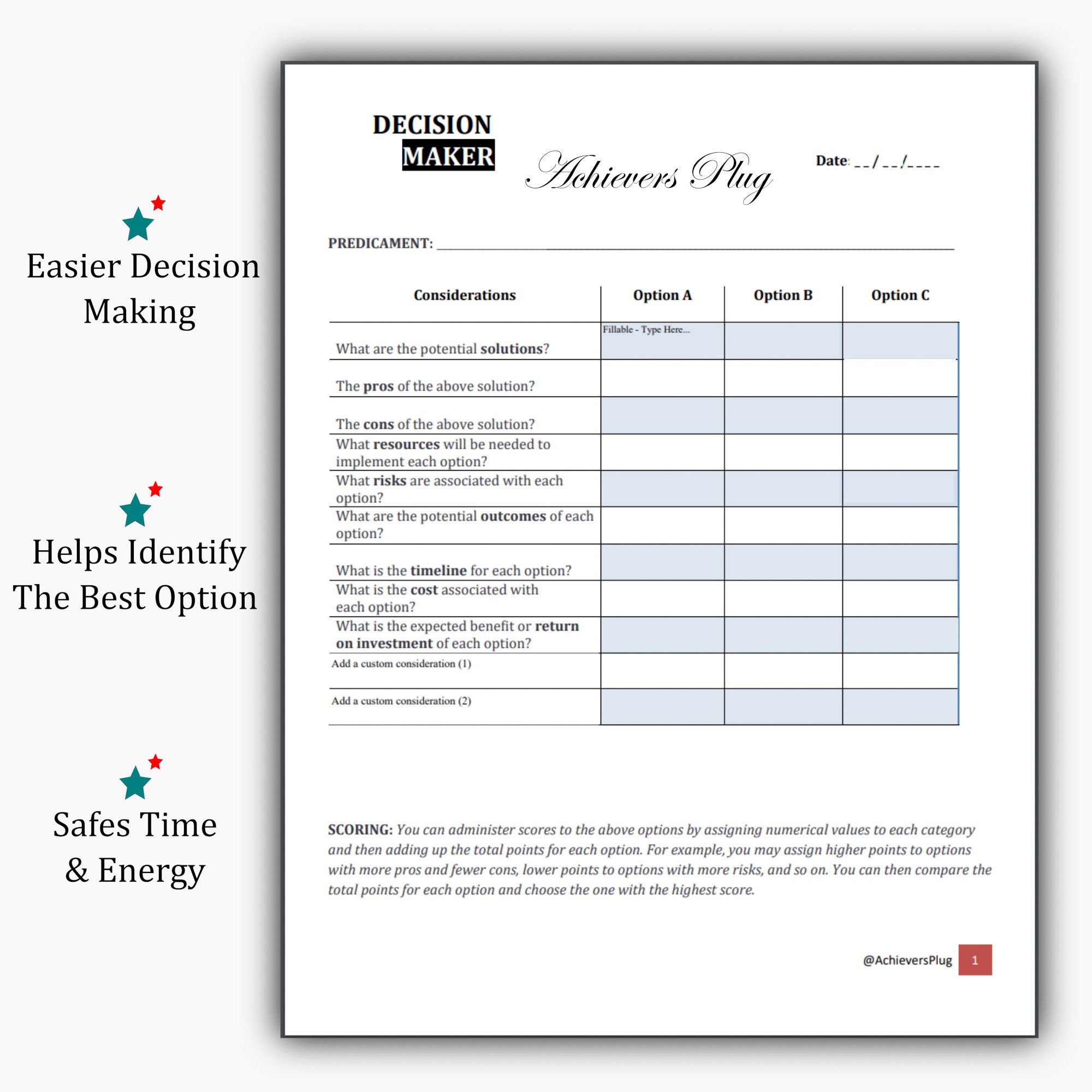 Fillable & Scorable Decision Maker Worksheet, Interactive Printable PDF ...