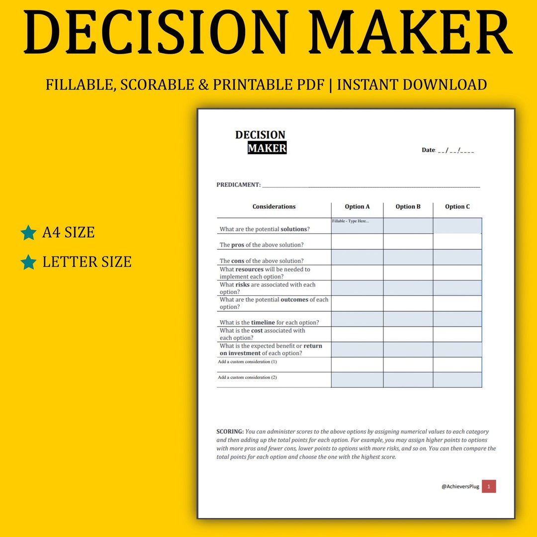 Fillable & Scorable Decision Maker Worksheet, Interactive Printable PDF ...