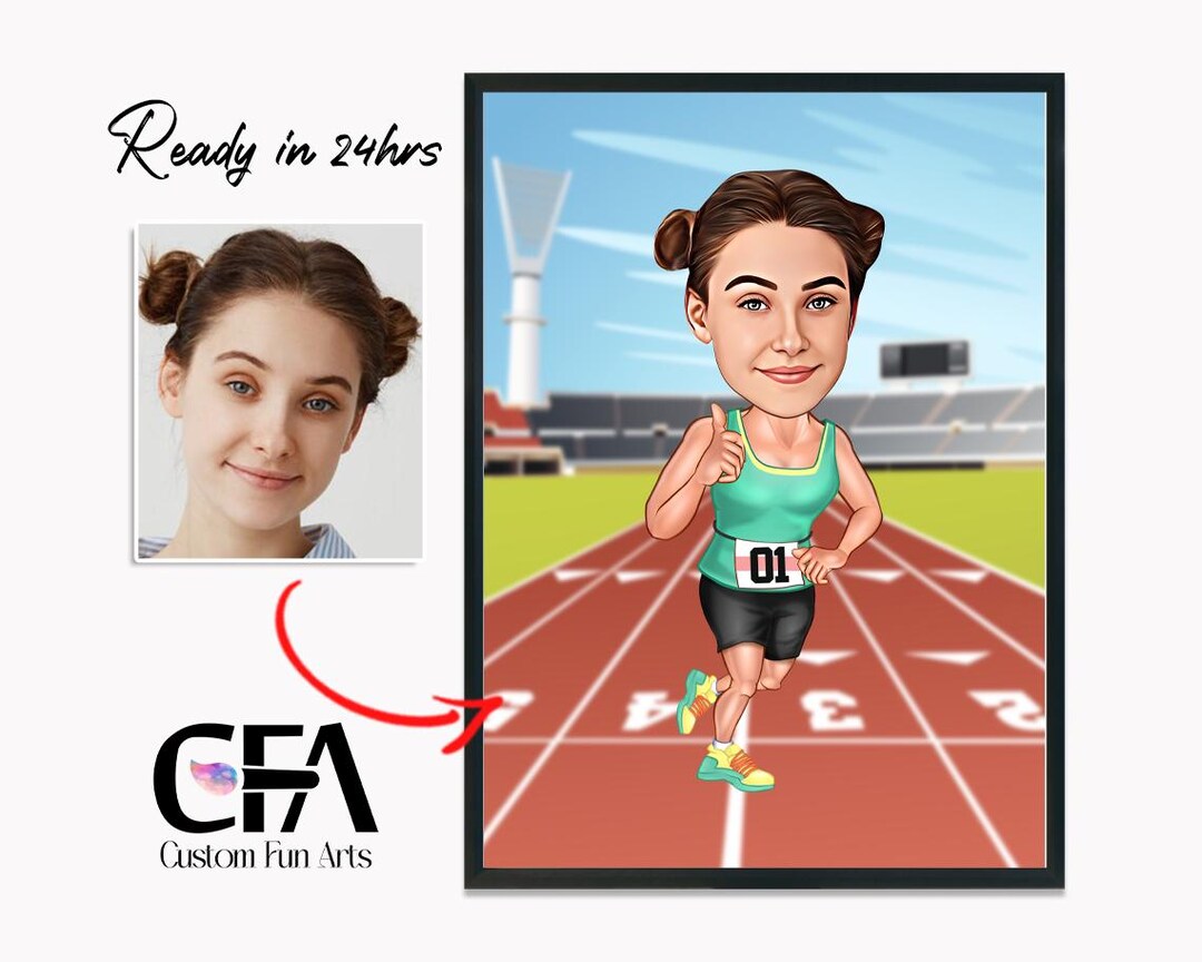 Custom Female Cartoon Caricature Track and Field Runner Digital Running ...