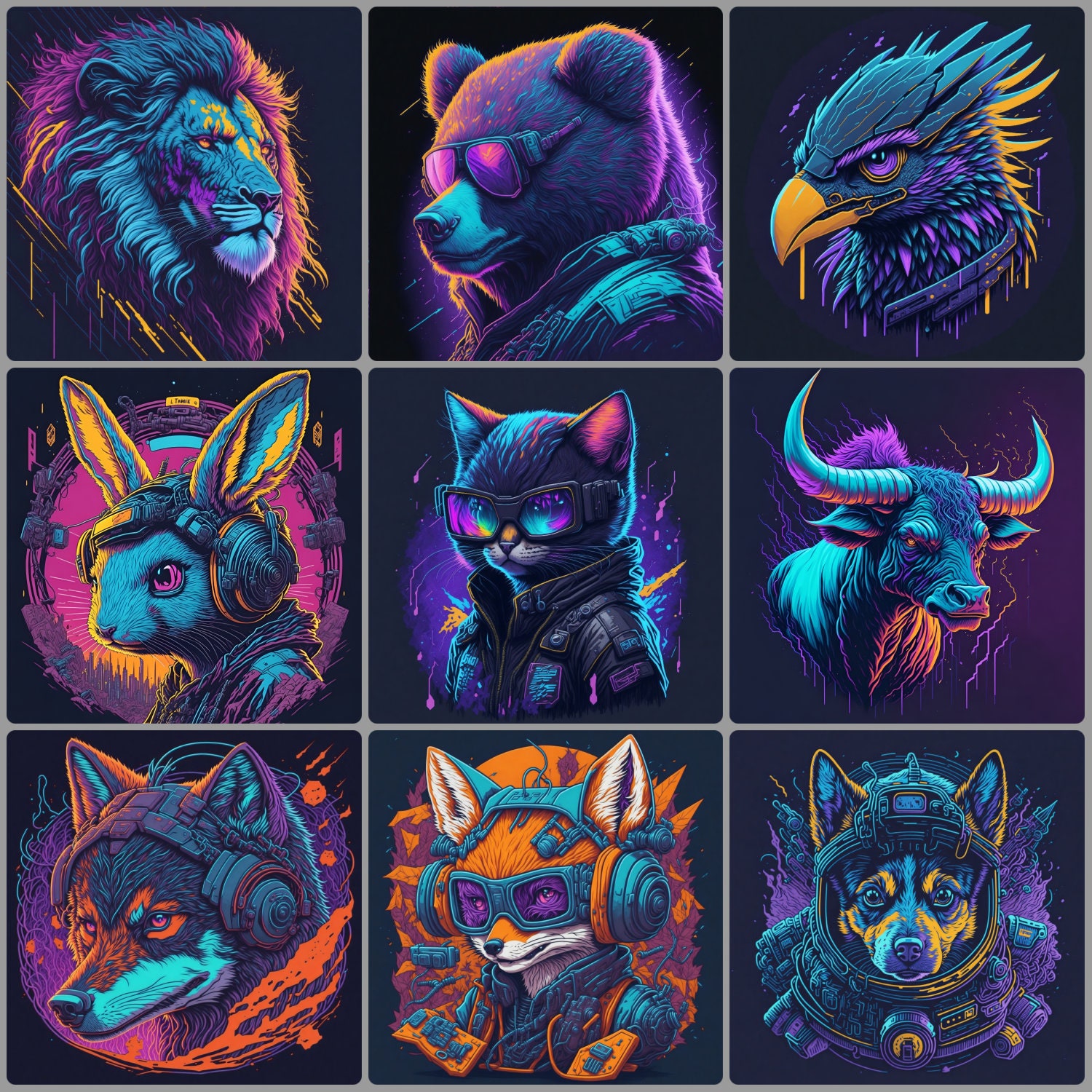 Cyberpunk Animals Printable Collection | 9 Animals | JPEG, SVG, and PNG ...