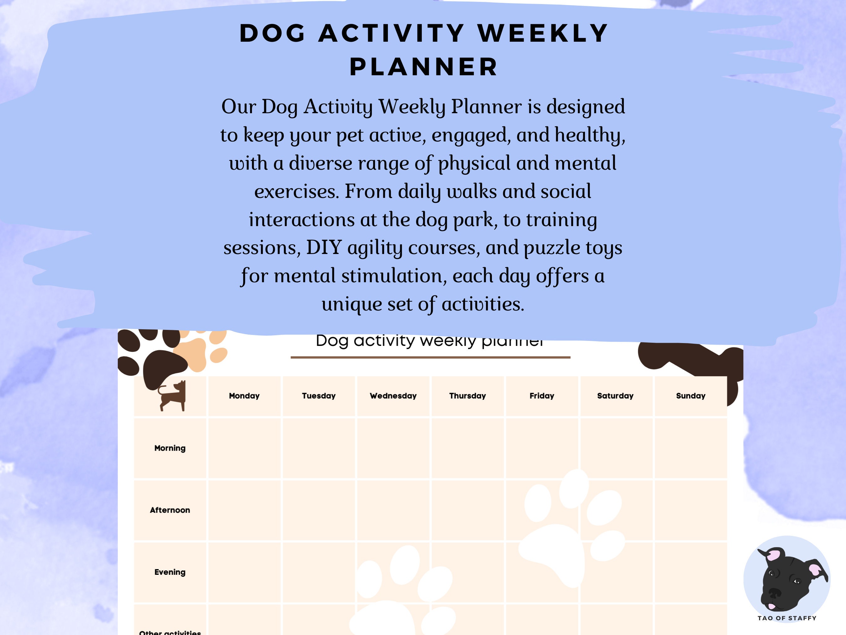 Dog Activity Weekly Planner, Printable Pet Planner, Digital PDF, Dog ...