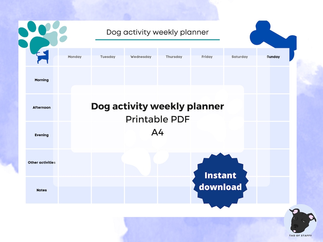 Dog Activity Weekly Planner, Printable Pet Planner, Digital PDF, Dog ...