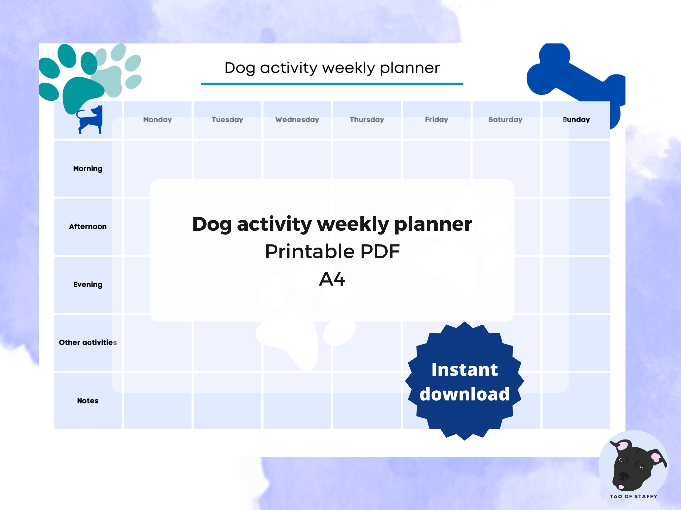 Dog Activity Weekly Planner, Printable Pet Planner, Digital PDF, Dog ...
