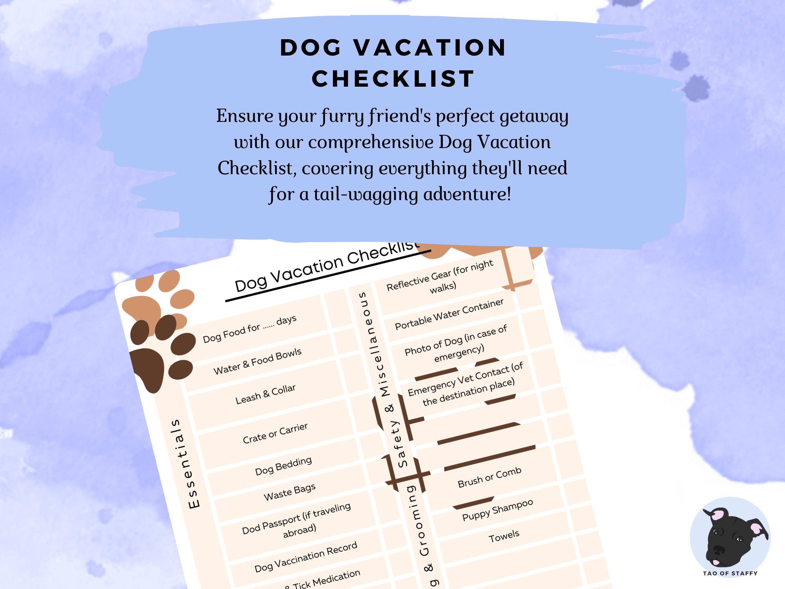 Dog Vacation Checklist | Printable PDF, Printable Dog Checklist, Canine ...