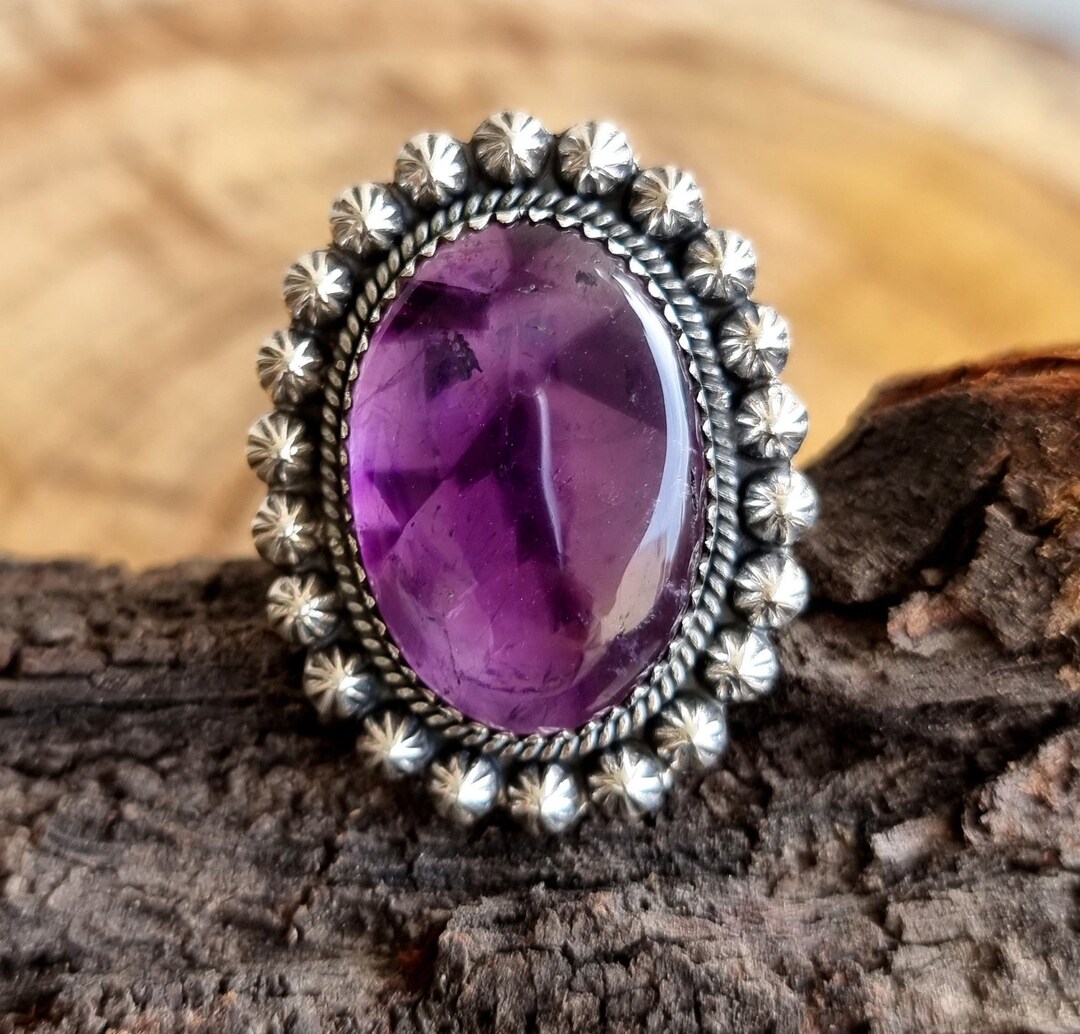Genuine Trapiche Amethyst Gemstone Ring, Oxide Silver Boho Style Ring ...