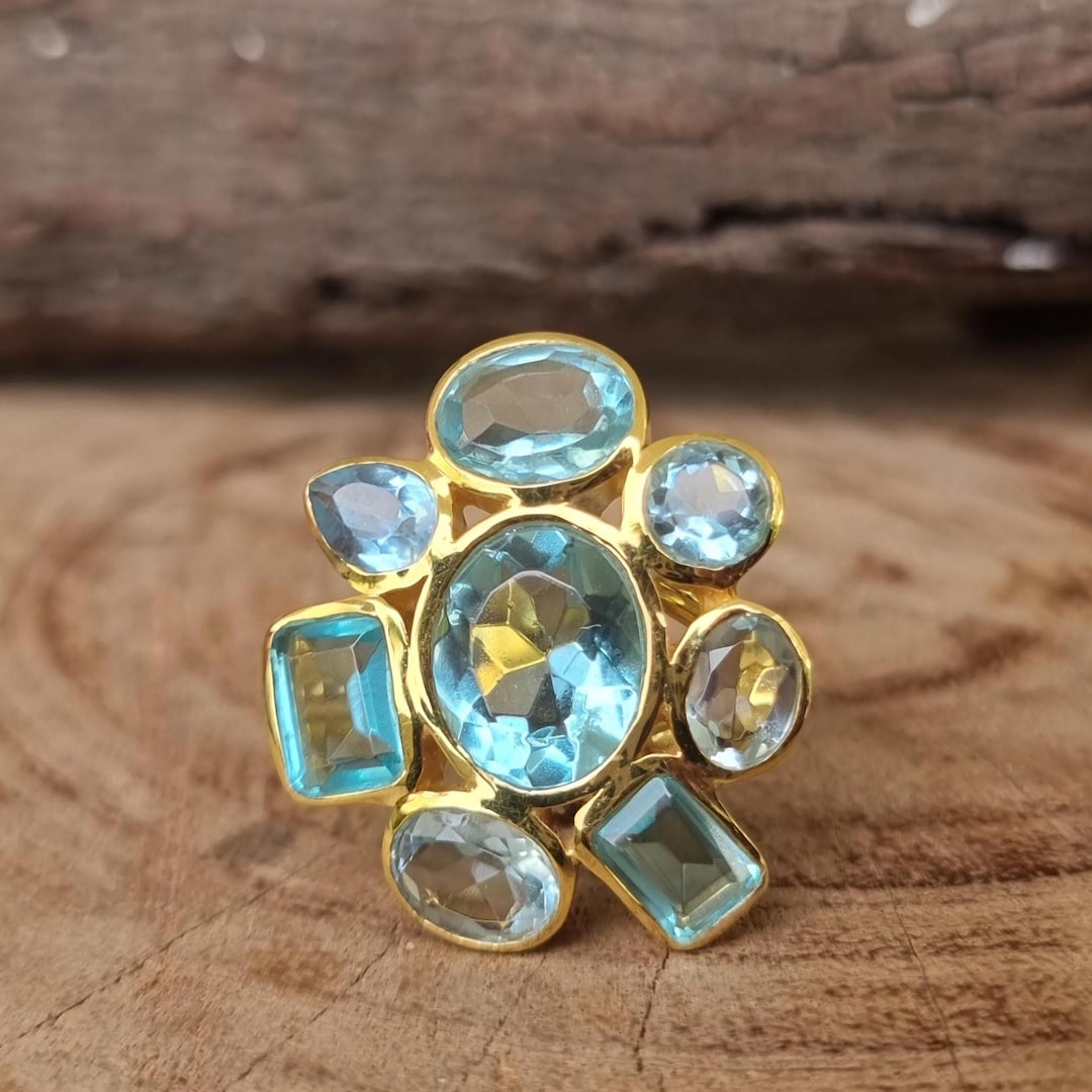 18k Gold Topaz Flower Ring – Sterling Silver Floral Ring – Blue Topaz ...