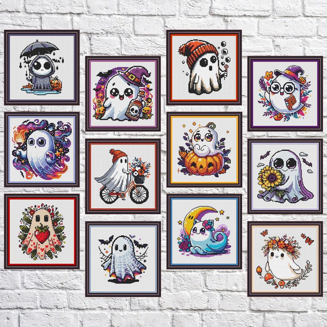 SET of 12 Halloween Ghost, Cross Stitch Pattern, Autumn, Fall, Holidays ...