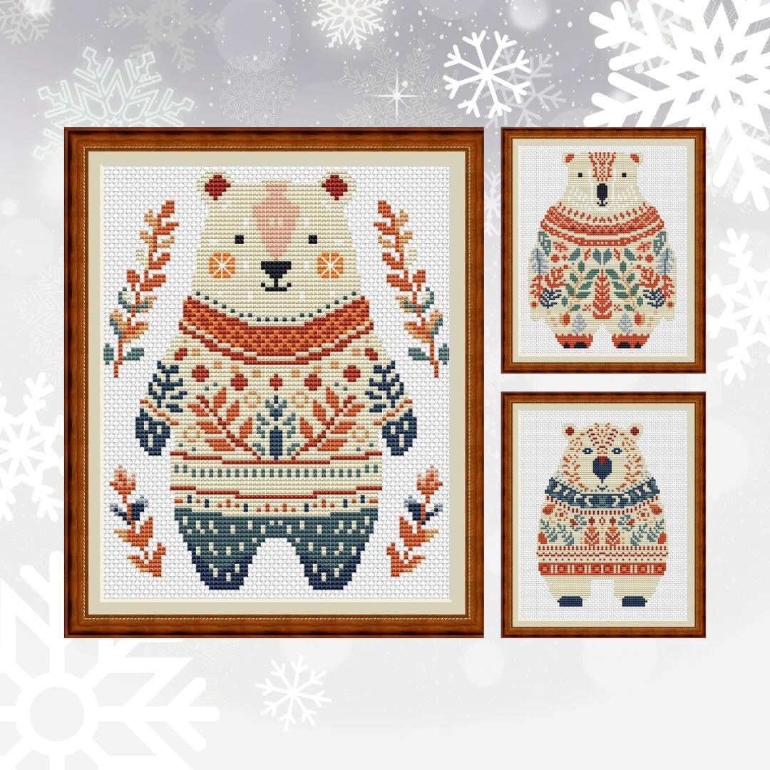 Set of 3 Christmas Bear, New Year Cross Stitch, Holidays, Modern Cross ...