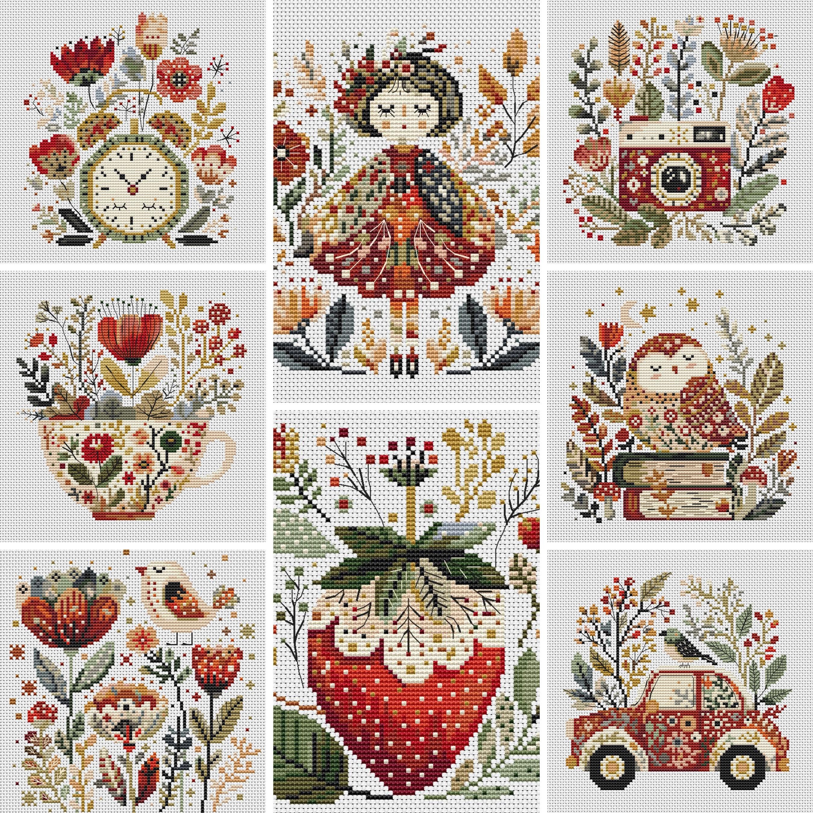 Set of 8 Folk Art Cross Stitch Patterns, Flowers Cross Stitch Pattern ...