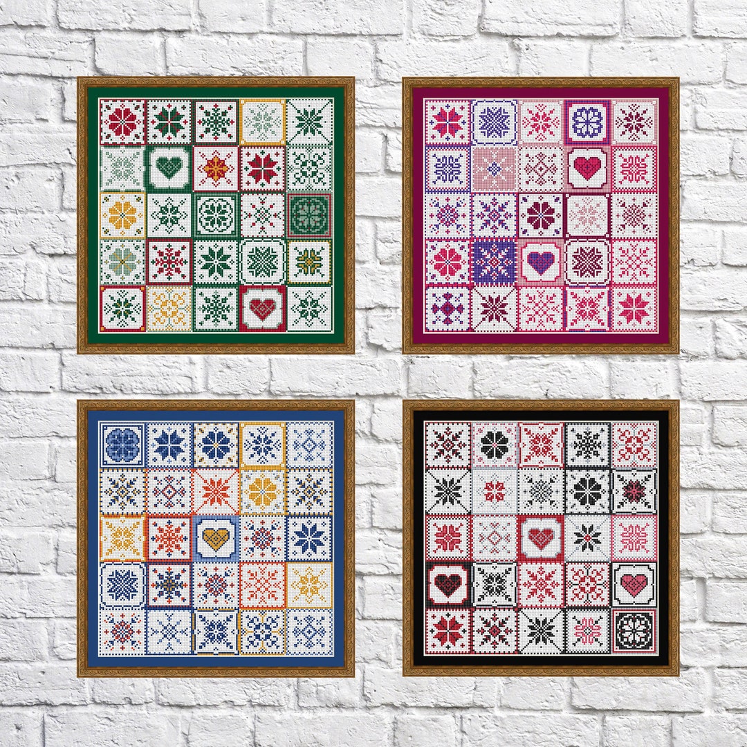 Set of 4 Colorful 5 X 5 Patchwork, Cross Stitch Pattern, Geometric ...