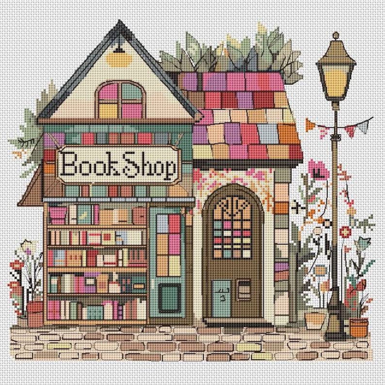 Book Shop, Cross Stitch Pattern, Nature, Modern Cross Stitch, PDF, Instant Download, BOOKSHOP01 ...