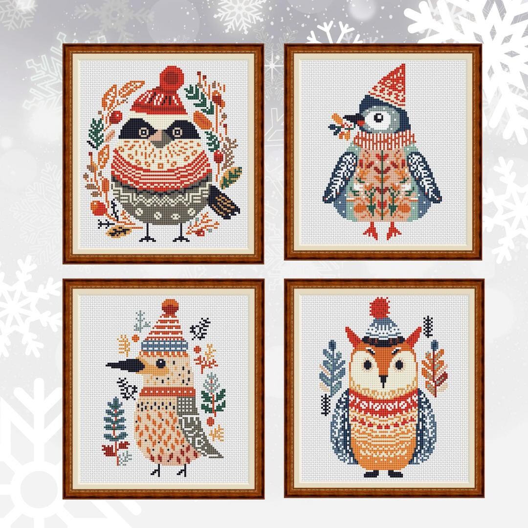 Set of 4 Christmas Birds, New Year Cross Stitch, Holidays, Modern Cross ...