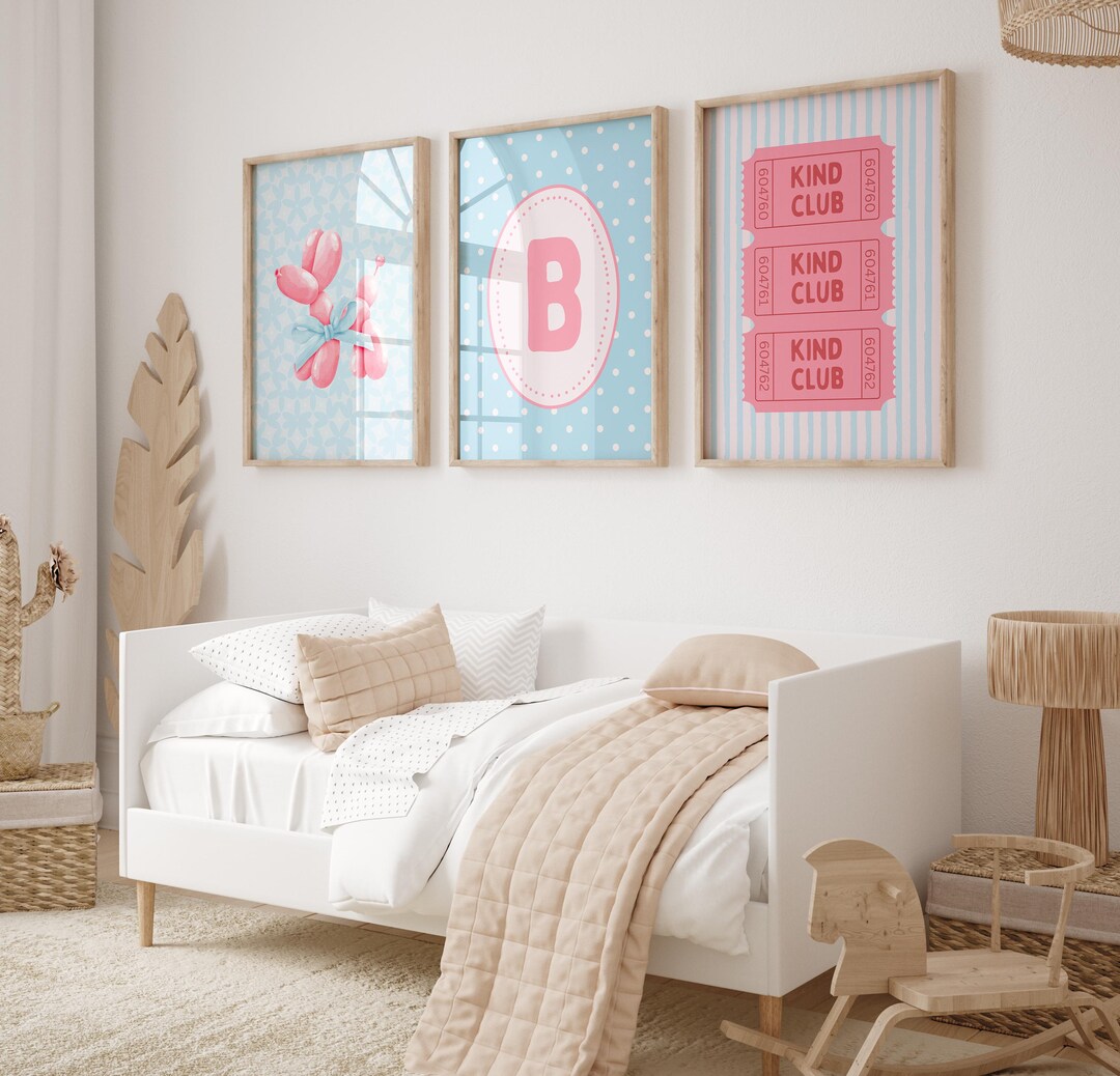 Set of 3 Personalized Preppy Pink and Blue Prints, Nursery Name Sign ...