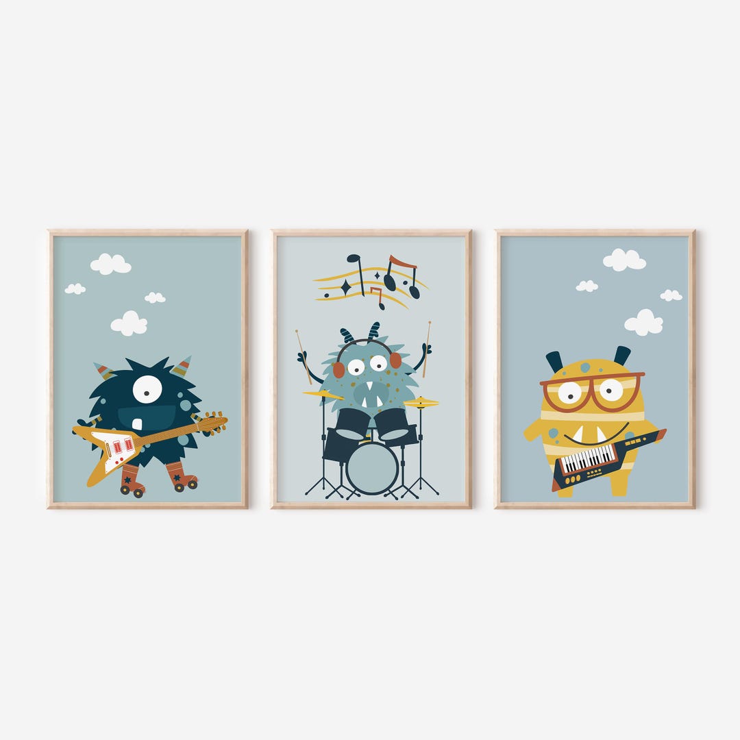Set of 3 Prints, Music Wall Art, Monsters Playing Instruments, Boys ...