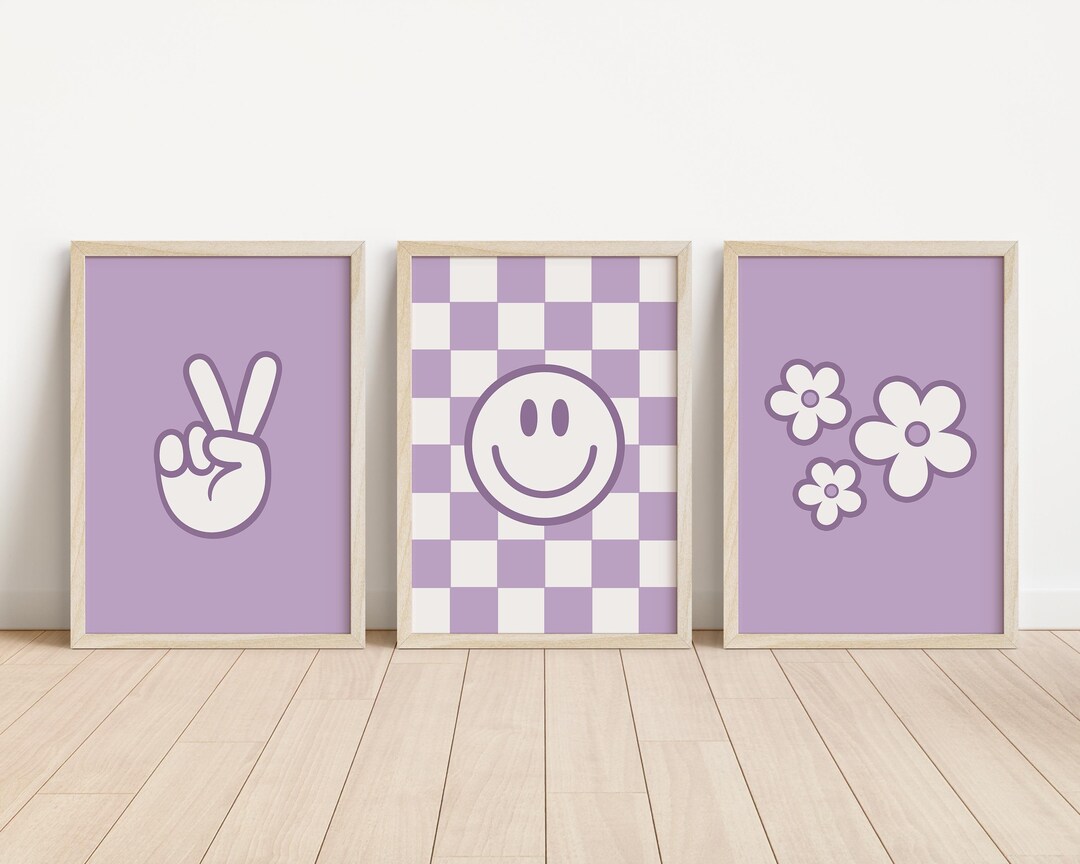 Purple Smile Face Checkerboard Print, Peace Sign Print, Retro Daisy ...