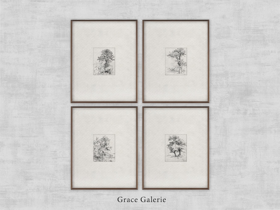 Gallery Set of 4 | Vintage Gallery Set | Tree Sketches | Neutral Gray ...