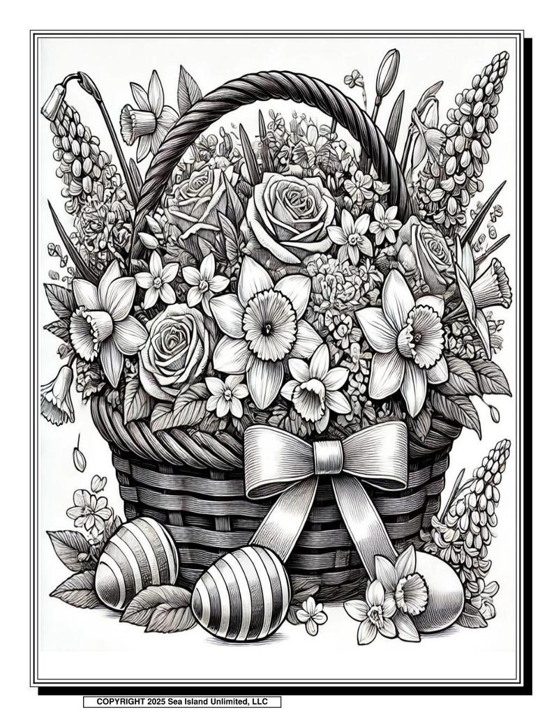Easter Coloring Page Floral Basket - Etsy