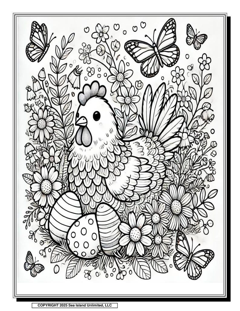 Easter Coloring Page Chicken, Butterflies - Etsy