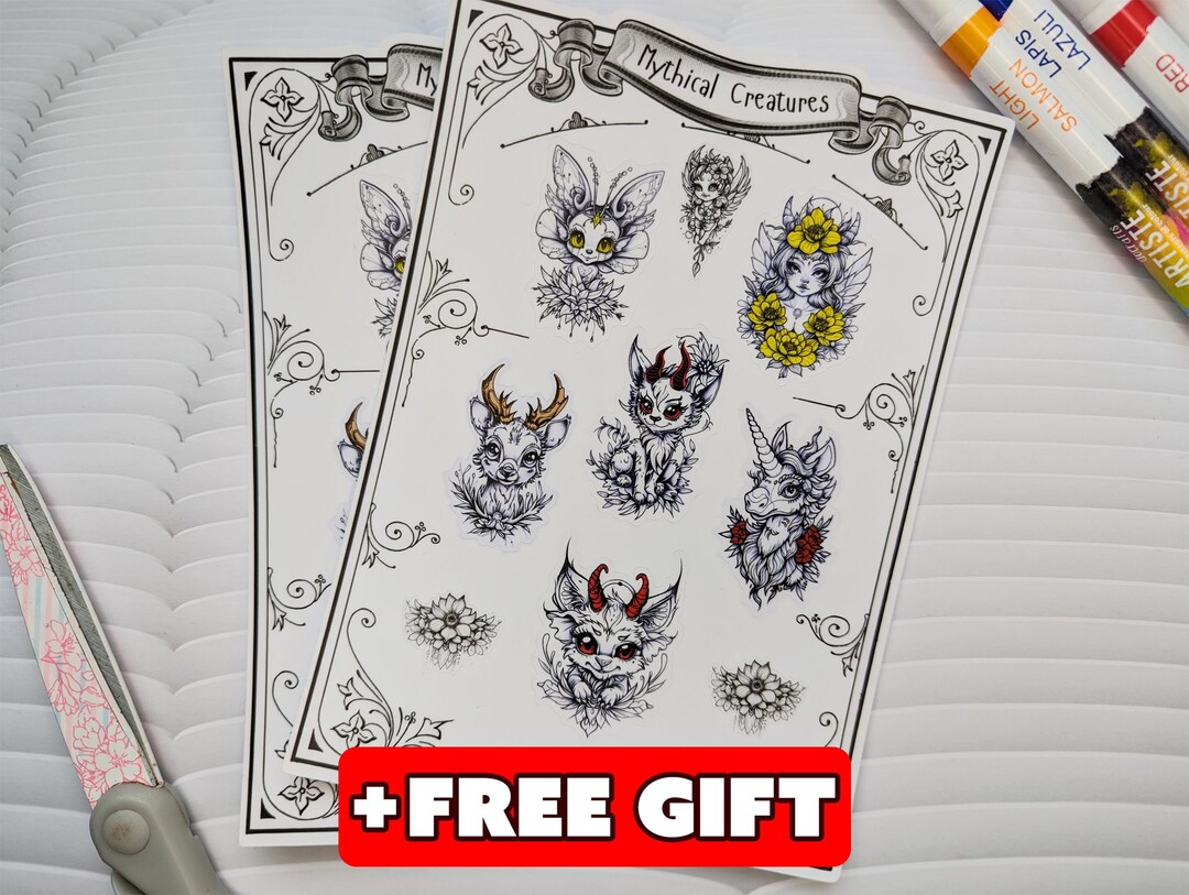 Mythical Creatures Sticker Sheet, Magical Girly Tattoo Style, Fairy and ...