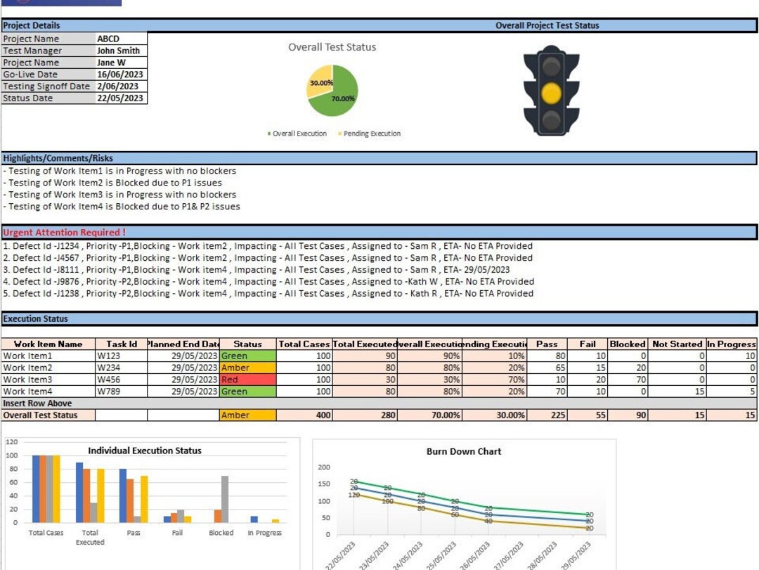 Project Test Status Report With Burndown Chart - Etsy