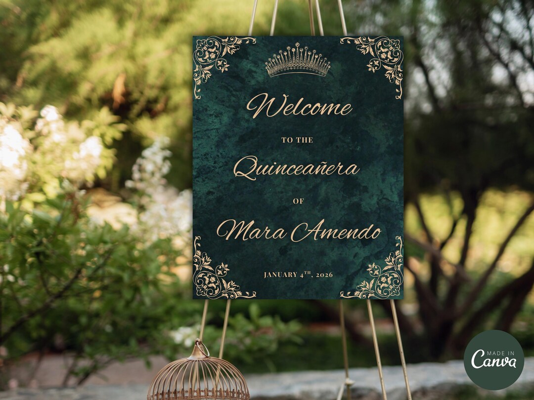 Emerald Green Quinceañera Welcome Sign Template: Elegant Customizable ...