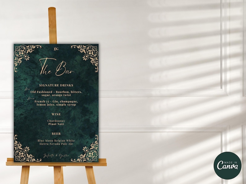 Emerald Green Wedding Bar Menu Sign: Elegant Drink List - Etsy