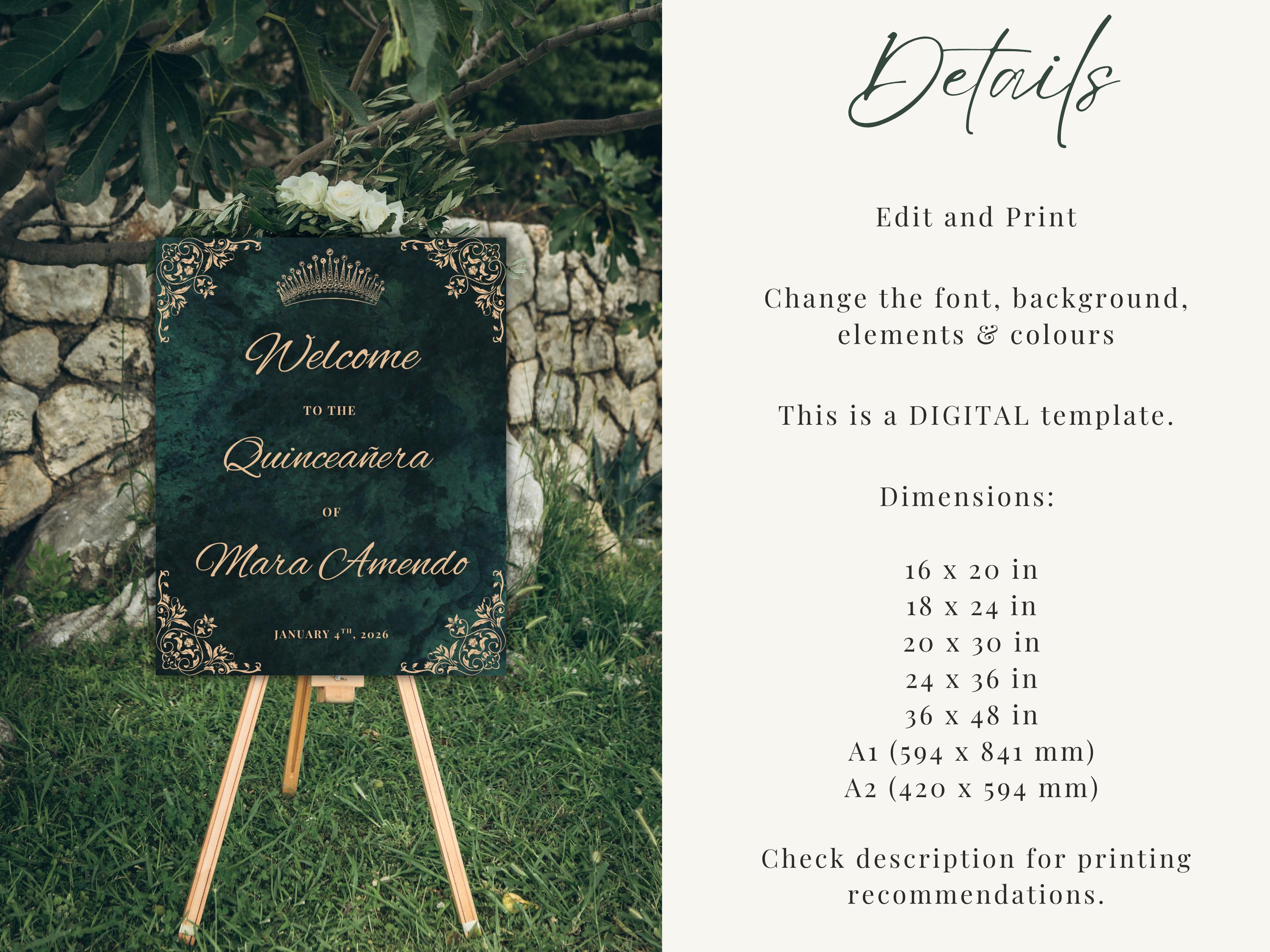 Emerald Green Quinceañera Welcome Sign Template: Elegant Customizable ...