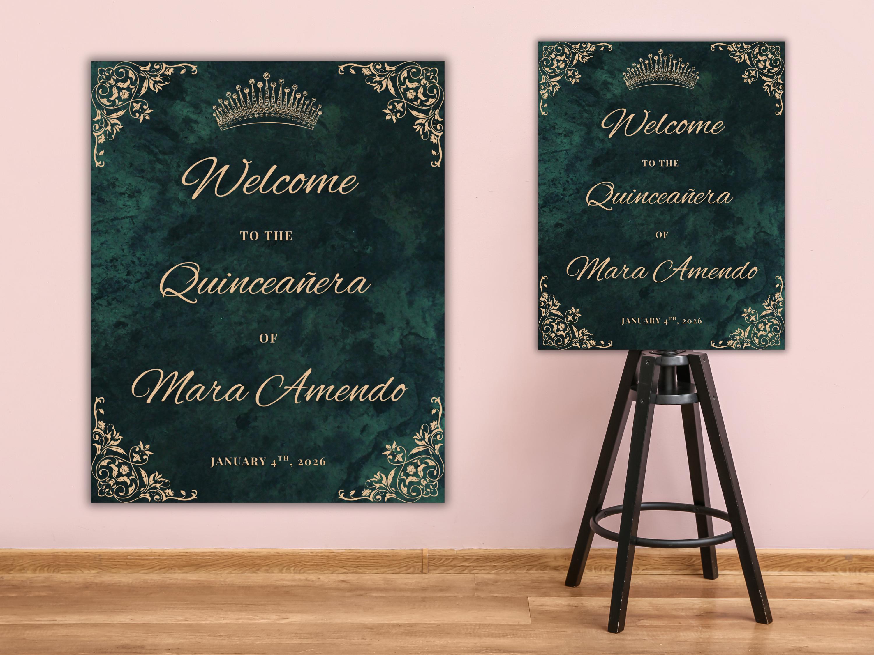 Emerald Green Quinceañera Welcome Sign Template: Elegant Customizable ...