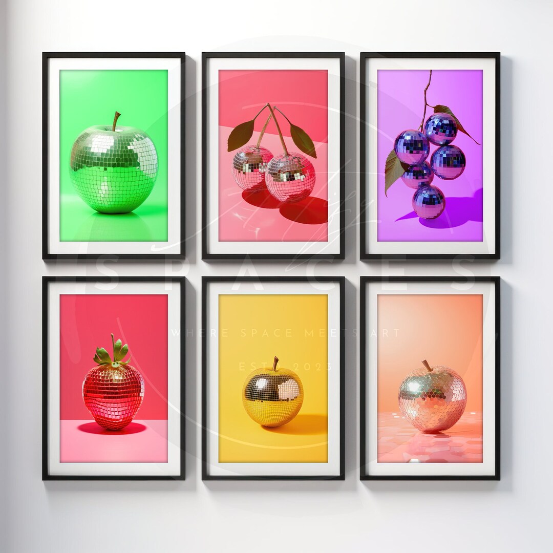 Disco Ball Fruits Set of 6 Preppy Wall Art Digital Artwork Disco Print ...