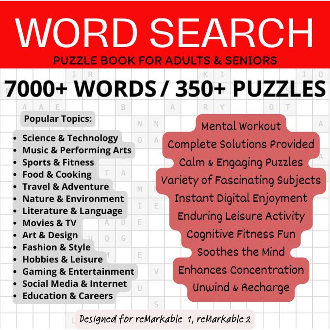 Word Search Puzzle Book for Remarkable 1, Remarkable 2, E-ink Optimized ...