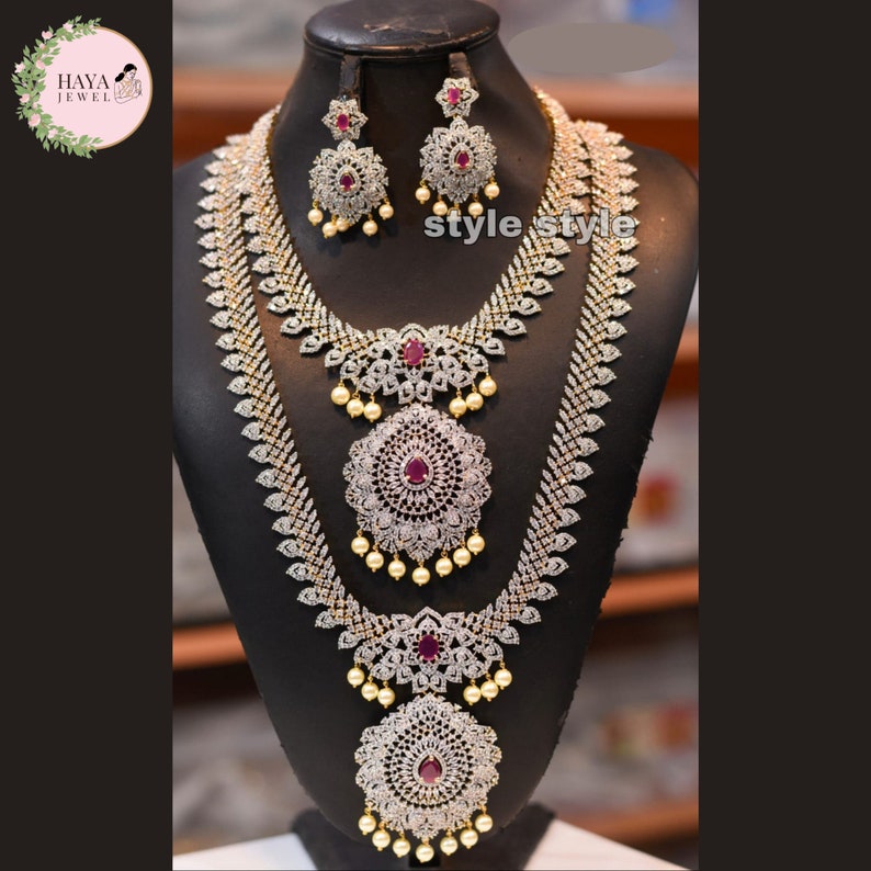 AD Necklace and Long Haar Combo Set, CZ Stone Crystal Bead Necklace ...