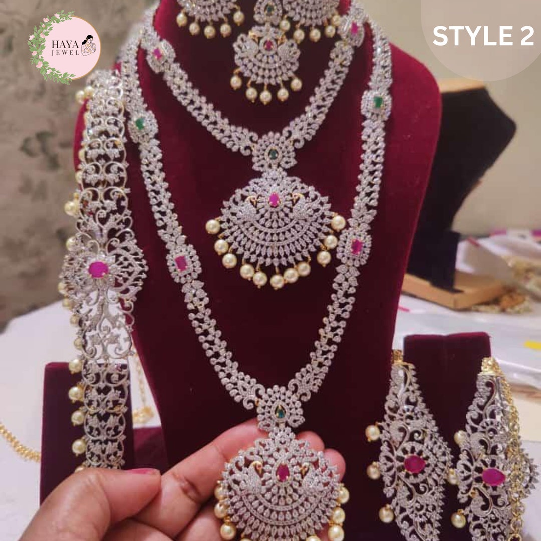AD Necklace and Long Haar Combo Set, CZ Stone Crystal Bead Necklace ...