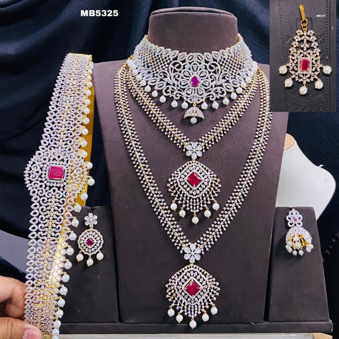 American Diamond Necklace Long Haar Hipbelt Mangtika Bridal Set CZ ...
