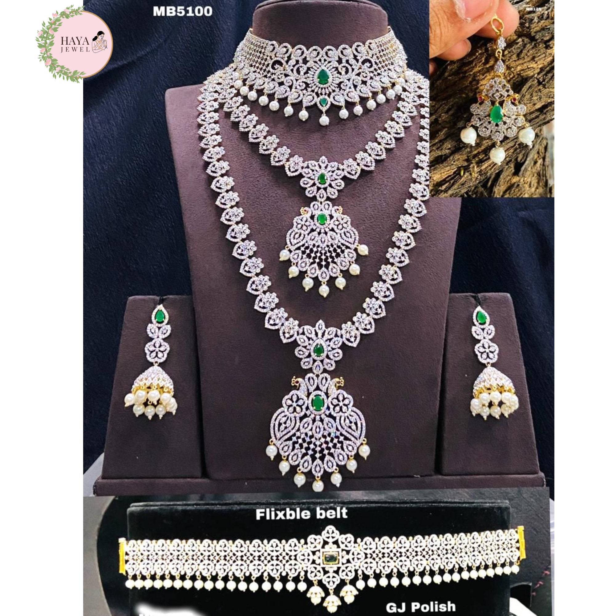 American Diamond Necklace Long Haar Hipbelt Mangtika Bridal Set CZ ...